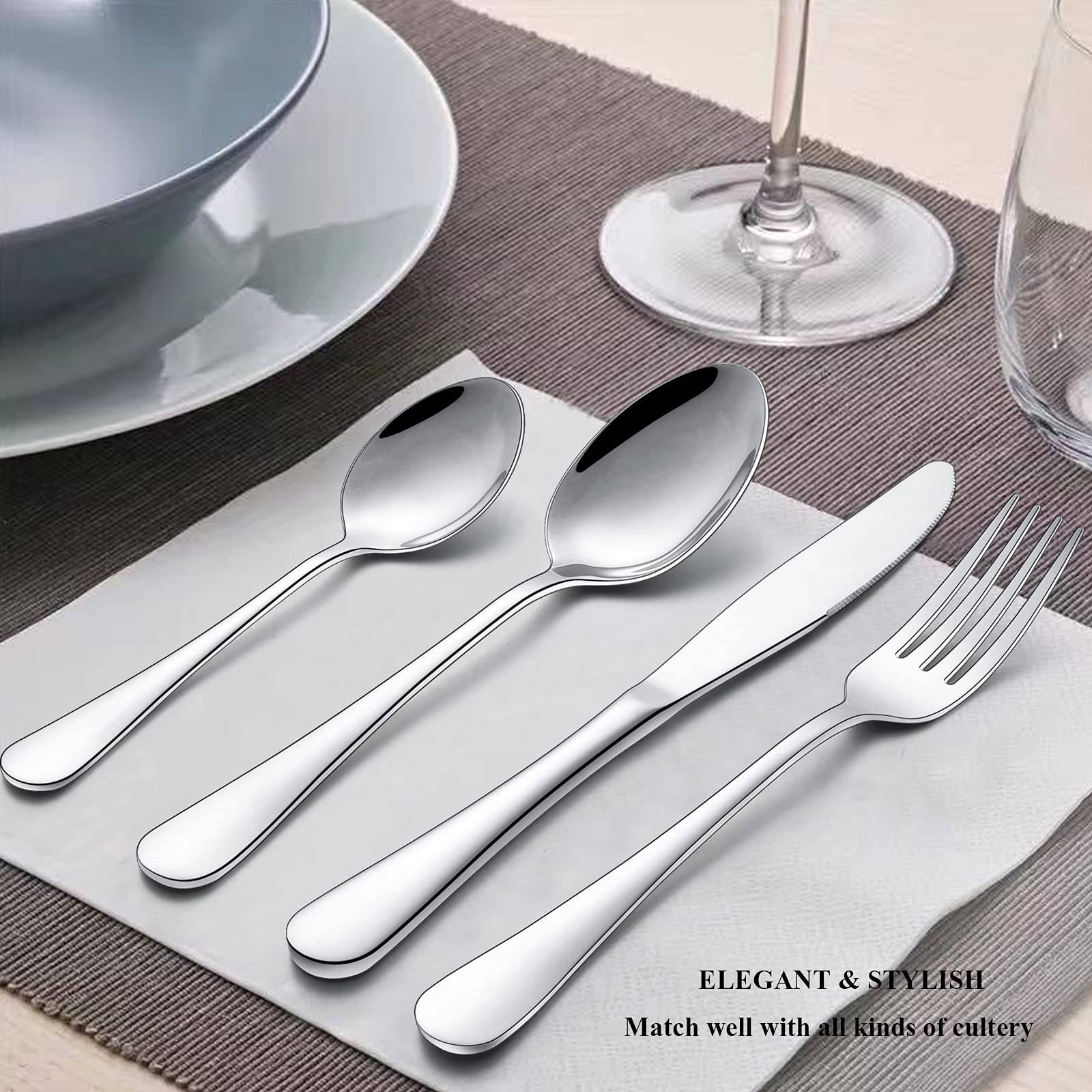 Wildone 24-Piece Flatware Set with Steak Knives, Stainless Steel Silverware Cutlery Set Service for 4, Tableware Eating Utensils Include Knives/Forks/Spoons, Mirror Polished, Dishwasher Safe