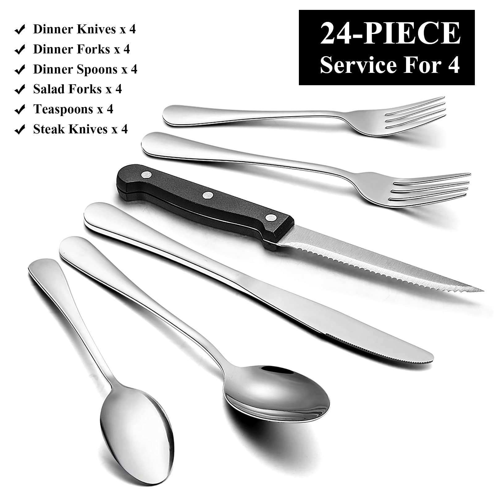 Wildone 24-Piece Flatware Set with Steak Knives, Stainless Steel Silverware Cutlery Set Service for 4, Tableware Eating Utensils Include Knives/Forks/Spoons, Mirror Polished, Dishwasher Safe