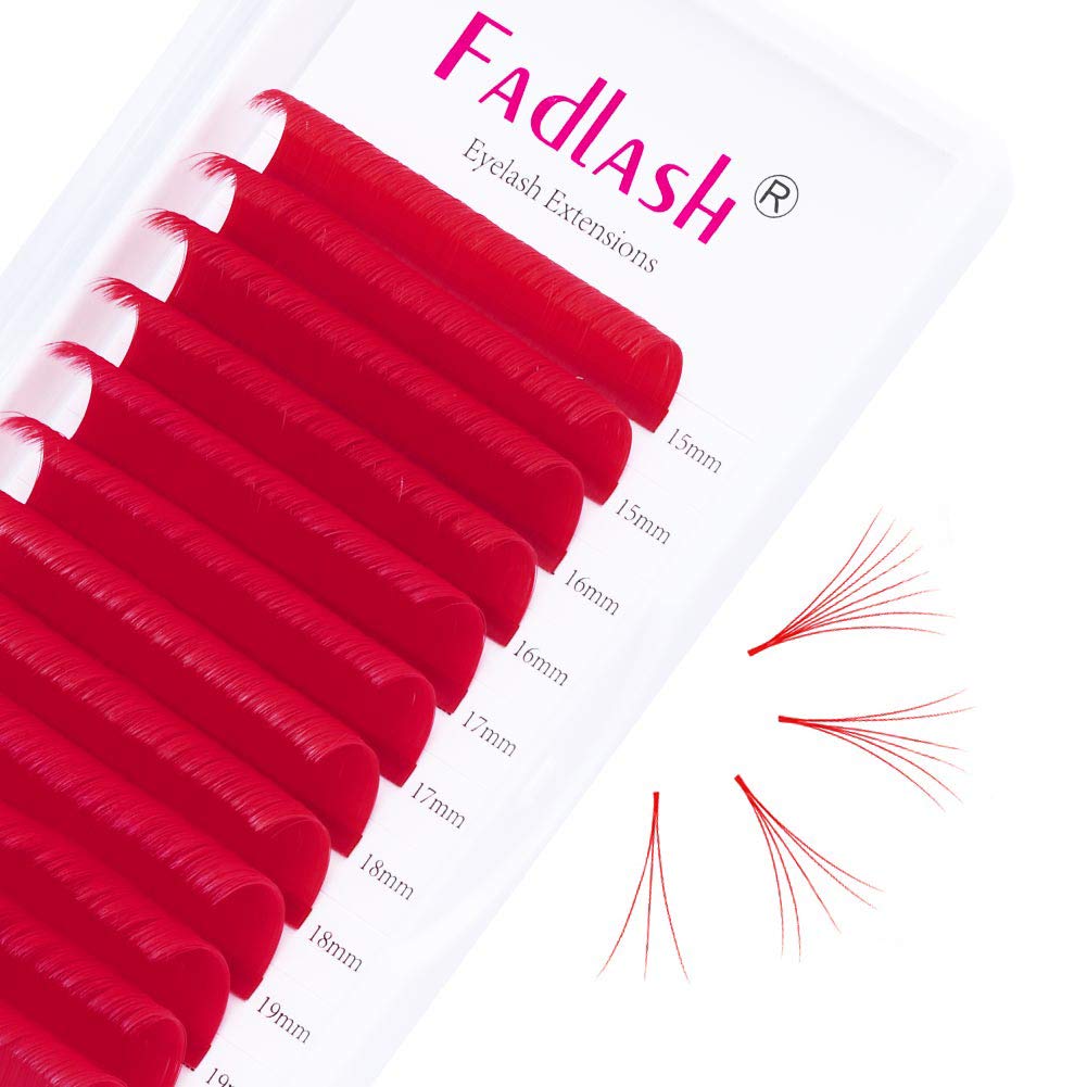 Eyelash Extension D Curl 15-20mm Easy Fan Volume Lashes 0.07mm Mixed Tray Red Easy Fan Lash Extensions Colorful Self Fanning Lashes (Red 0.07-D, 15~20mm Mix)