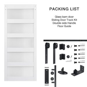 COSHOMER 36in x 84in 5-Panel Sliding Glass Barn Door with 6.6ft Hardware Kit Included, Easy Assembly with Pre-Drilled Holes, Waterproof, Frosted Glass for Bathroom-Fit Max Opening 34in x 82in, White