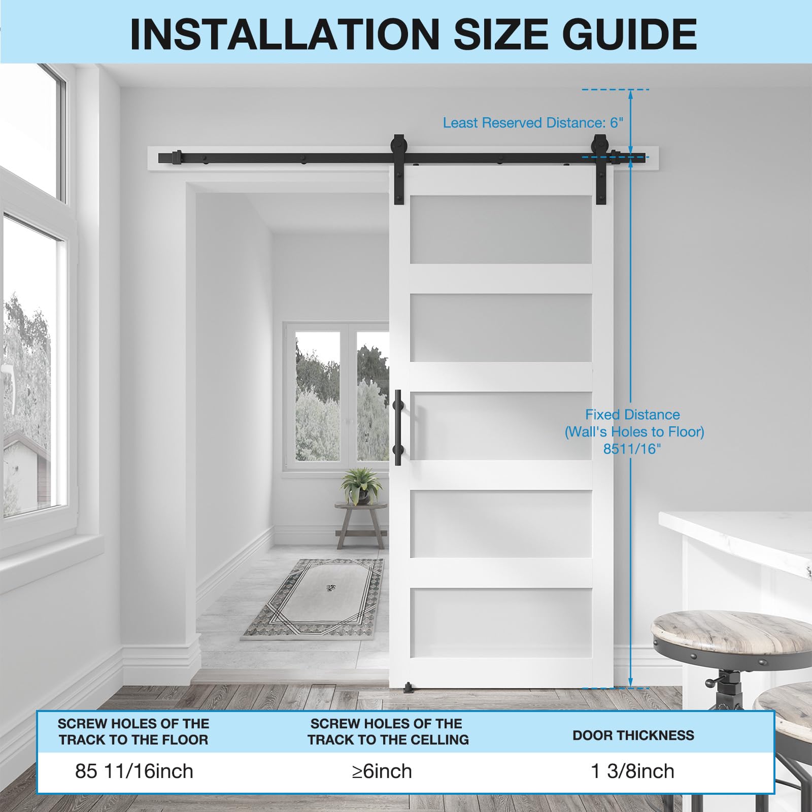 COSHOMER 36in x 84in 5-Panel Sliding Glass Barn Door with 6.6ft Hardware Kit Included, Easy Assembly with Pre-Drilled Holes, Waterproof, Frosted Glass for Bathroom-Fit Max Opening 34in x 82in, White