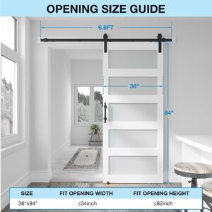 COSHOMER 36in x 84in 5-Panel Sliding Glass Barn Door with 6.6ft Hardware Kit Included, Easy Assembly with Pre-Drilled Holes, Waterproof, Frosted Glass for Bathroom-Fit Max Opening 34in x 82in, White