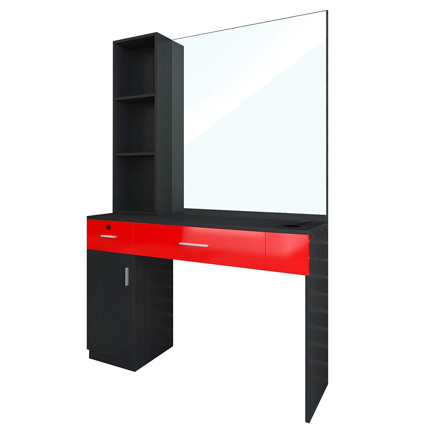 Artist hand Wall Mount Salon Station Barber Stations Styling Station Barber Beauty Spa Salon Equipment Set with Mirror,Left Shelf (Black/Red)