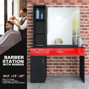 Artist hand Wall Mount Salon Station Barber Stations Styling Station Barber Beauty Spa Salon Equipment Set with Mirror,Left Shelf (Black/Red)