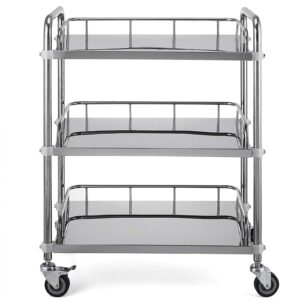 VEVOR Lab Rolling Cart 3 Shelves Shelf Stainless Steel Rolling Cart Catering Dental Utility Cart Commercial Wheel Dolly Restaurant Dinging Utility Services (23.4" x 15.6" x 33.2")