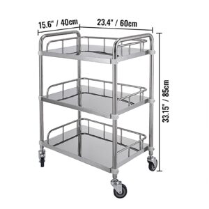 VEVOR Lab Rolling Cart 3 Shelves Shelf Stainless Steel Rolling Cart Catering Dental Utility Cart Commercial Wheel Dolly Restaurant Dinging Utility Services (23.4" x 15.6" x 33.2")