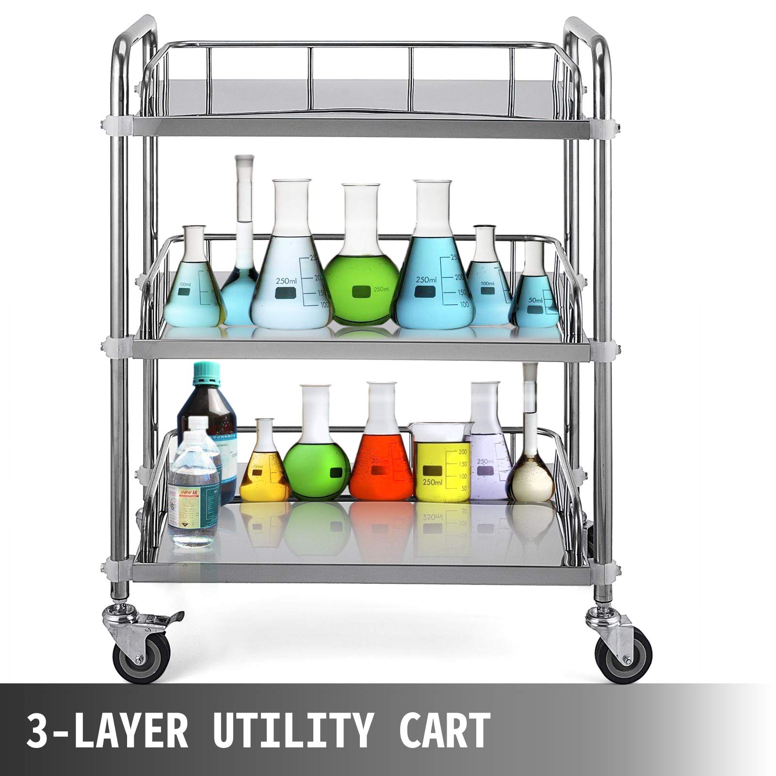 VEVOR Lab Rolling Cart 3 Shelves Shelf Stainless Steel Rolling Cart Catering Dental Utility Cart Commercial Wheel Dolly Restaurant Dinging Utility Services (23.4" x 15.6" x 33.2")