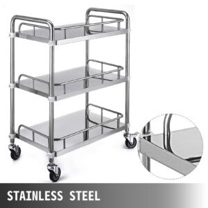 VEVOR Lab Rolling Cart 3 Shelves Shelf Stainless Steel Rolling Cart Catering Dental Utility Cart Commercial Wheel Dolly Restaurant Dinging Utility Services (23.4" x 15.6" x 33.2")