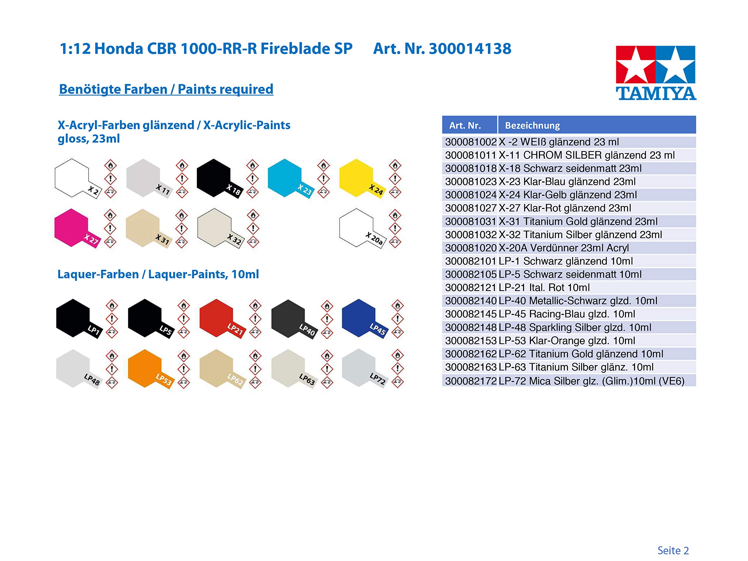 Tamiya 14138 300014138 1:12, Honda CBR 1000-RR-R Fireblade SP, Faithful Replica, Model Making, Plastic Kit, Hobby, Glueing, Model Kit, Assembling, Unpainted