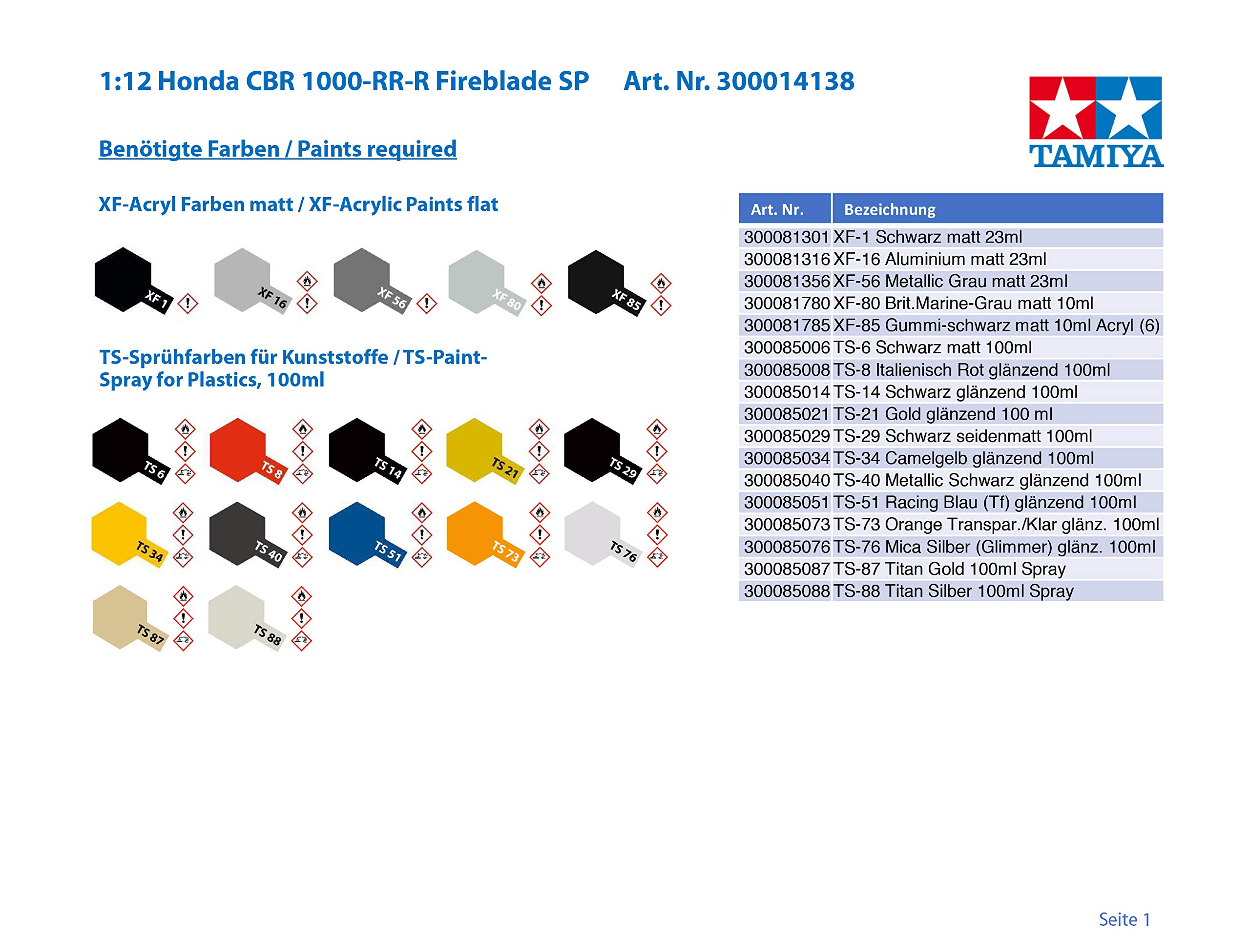 Tamiya 14138 300014138 1:12, Honda CBR 1000-RR-R Fireblade SP, Faithful Replica, Model Making, Plastic Kit, Hobby, Glueing, Model Kit, Assembling, Unpainted