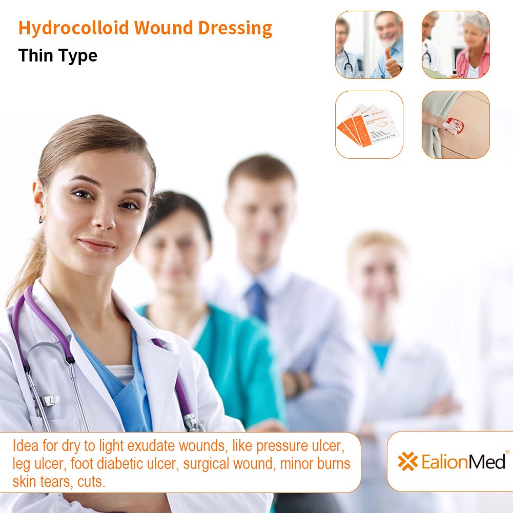 Hydrocolloid Bandage, Hydrocolloid Wound Dressing Thin Type 4'' x 4'' for Light Exudate Wound, Pressure Ulcer, Bed Sore, Surgical Wound,Superficial Wound, 10 Pack by EalionMed