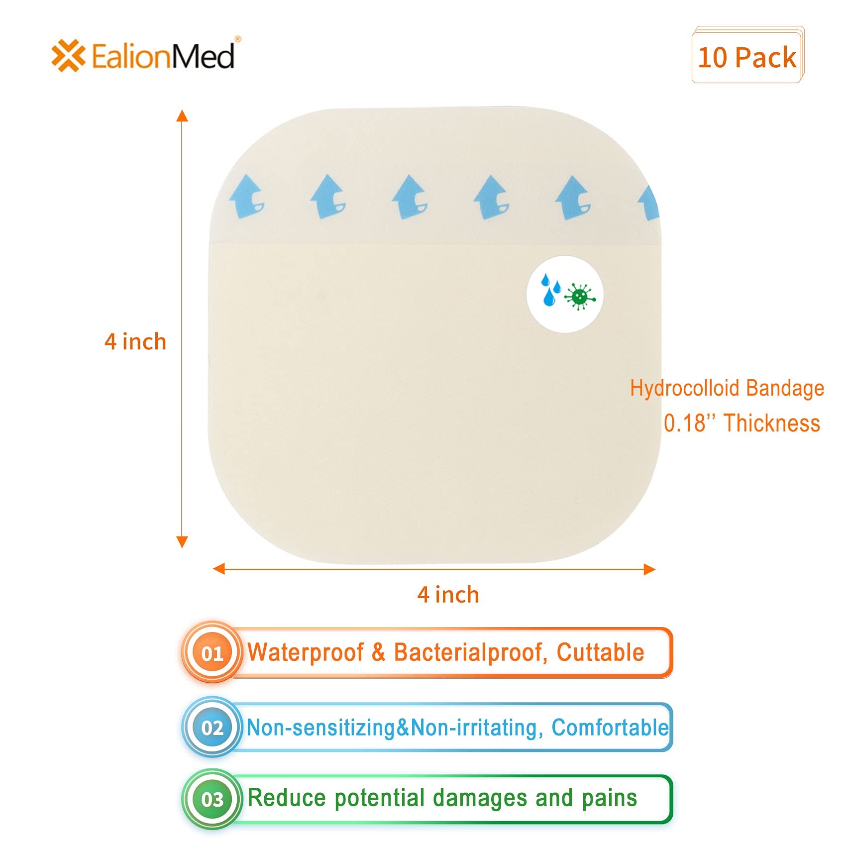 Hydrocolloid Bandage, Hydrocolloid Wound Dressing Thin Type 4'' x 4'' for Light Exudate Wound, Pressure Ulcer, Bed Sore, Surgical Wound,Superficial Wound, 10 Pack by EalionMed