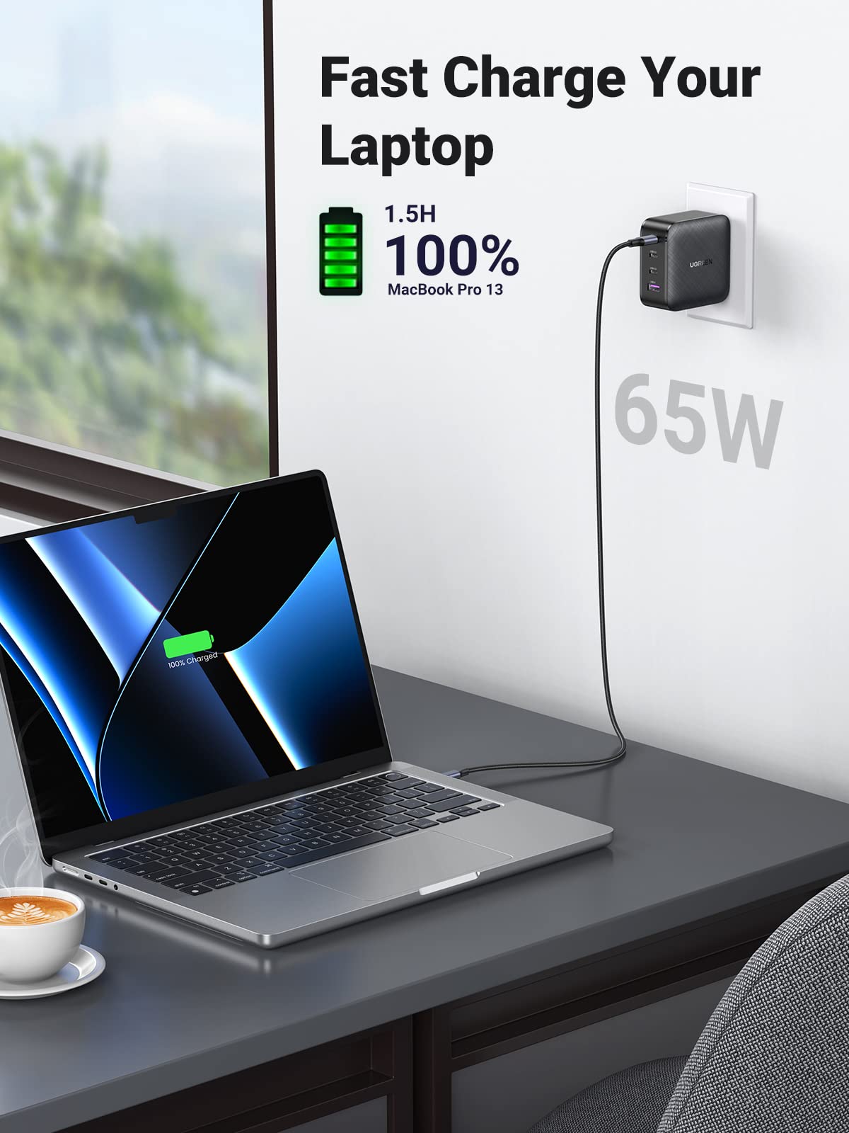 UGREEN 65W USB C Charger 4 Ports USB C Power Adapter GaN PD Fast Wall Charger Compatible with MacBook Pro/Air M2, Dell XPS 13, iPad Pro/Air, iPhone 15 Pro Max/14, Galaxy S23, Steam Deck, and More