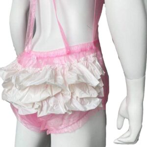 Haian Adult Baby PVC Snap Through Crotch Romper with Frills (Transparent Pink, X-Large)