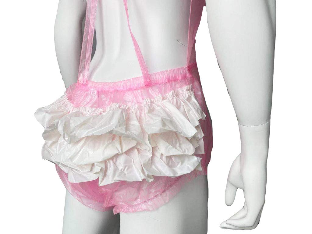 Haian Adult Baby PVC Snap Through Crotch Romper with Frills (Transparent Pink, X-Large)