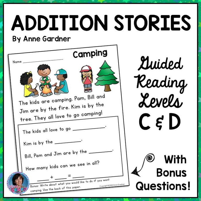 Kindergarten Addition Word Problems within Guided Reading Levels C & D Passages: Ideal for use in the Classroom or for Homeschooling