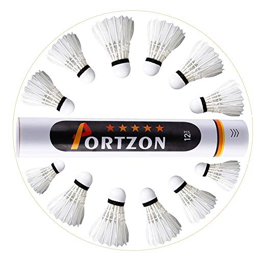 Portzon 12-Pack Goose Feather Badminton Shuttlecocks with Great Stability and Durability, High Speed Badminton Birdies Balls, Upgrade