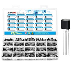 chanzon 20 values 400pcs transistor kit to-92 including (2n2222a 2n2907a 2n3904 2n3906 2n5551 2n5401 s8050 s8550 a1015 c1815 a42 a92 a733 c945 s9014 bc327b bc337b bc547b bc557b 2n7000) each 20pcs