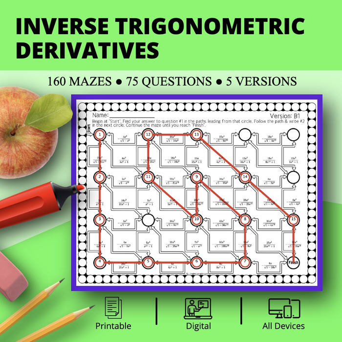 Calculus Derivatives: Inverse Trigonometric Maze Activity Sets