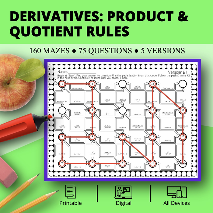 Calculus Derivatives: Product & Quotient Rules Maze Activity Sets