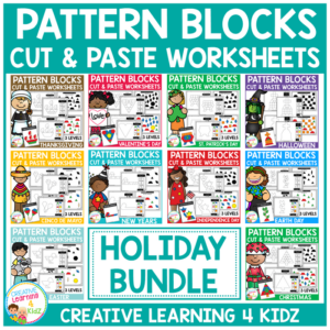 pattern block cut & paste worksheets: holiday bundle