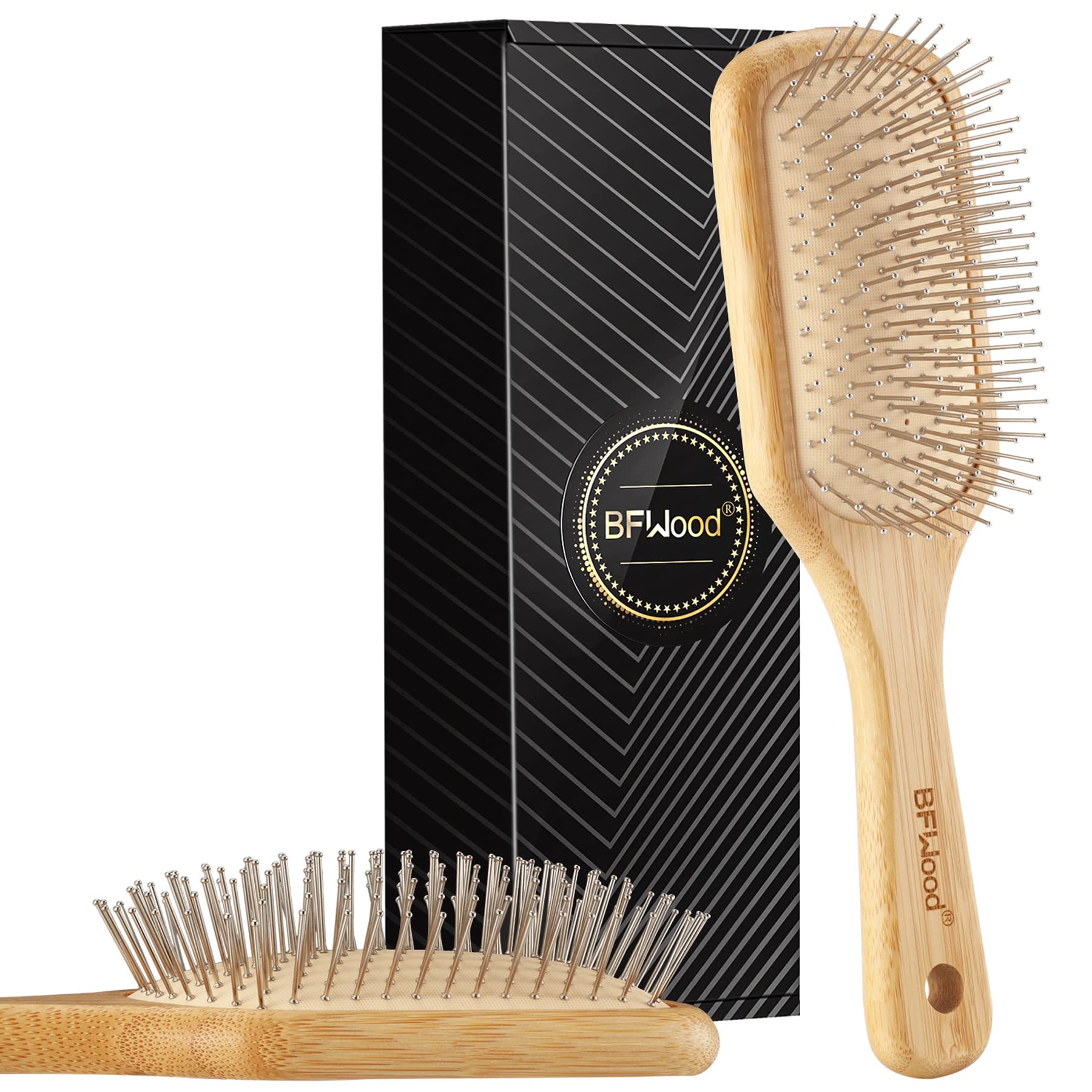 BFWood Bamboo Hair Brush with Steel Bristles, Help Hair Growth and Massaging Scalp