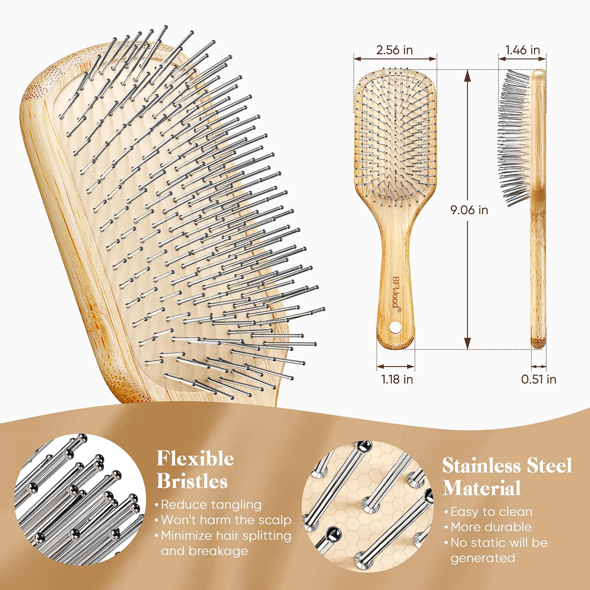 BFWood Bamboo Hair Brush with Steel Bristles, Help Hair Growth and Massaging Scalp