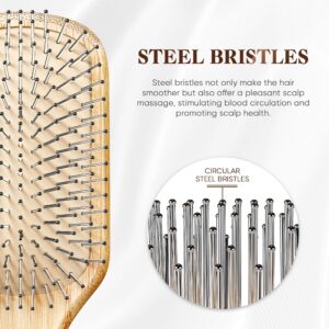 BFWood Bamboo Hair Brush with Steel Bristles, Help Hair Growth and Massaging Scalp