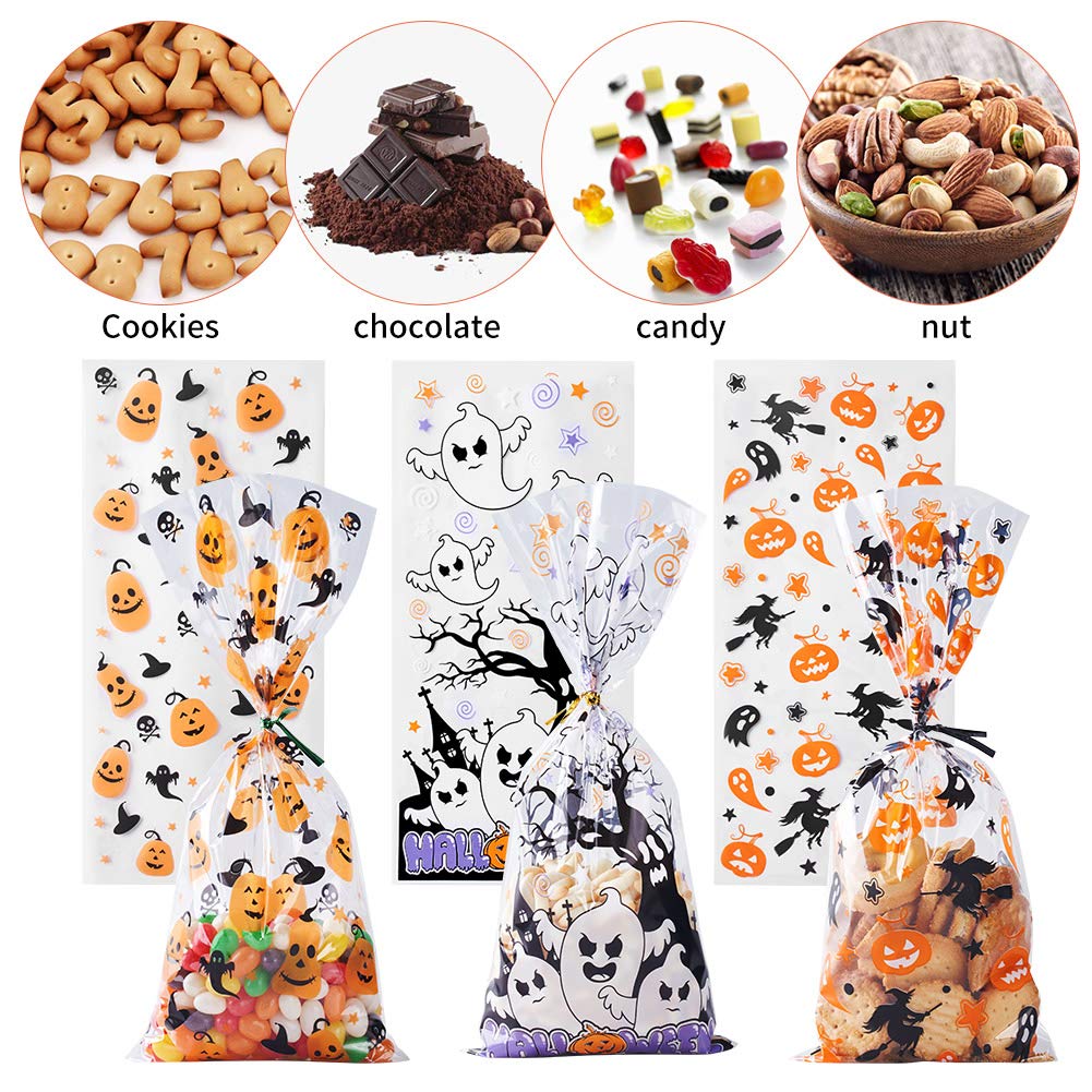 CCINEE Halloween Cellophane Treat Bags, 150pcs Halloween Plastic Clear Candy Bags with 300pcs Twists for Snacks Cookies Packing