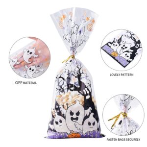 CCINEE Halloween Cellophane Treat Bags, 150pcs Halloween Plastic Clear Candy Bags with 300pcs Twists for Snacks Cookies Packing