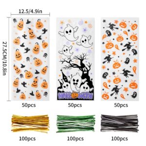 CCINEE Halloween Cellophane Treat Bags, 150pcs Halloween Plastic Clear Candy Bags with 300pcs Twists for Snacks Cookies Packing