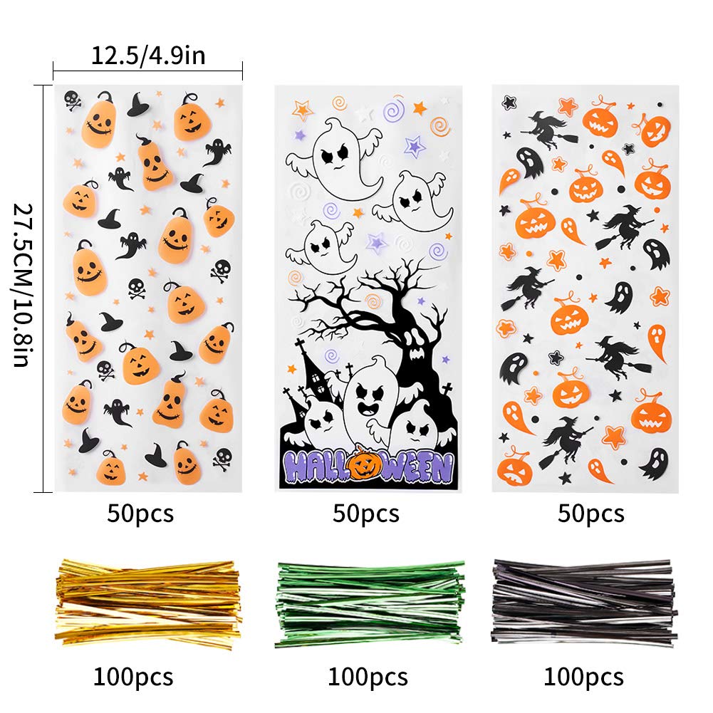 CCINEE Halloween Cellophane Treat Bags, 150pcs Halloween Plastic Clear Candy Bags with 300pcs Twists for Snacks Cookies Packing