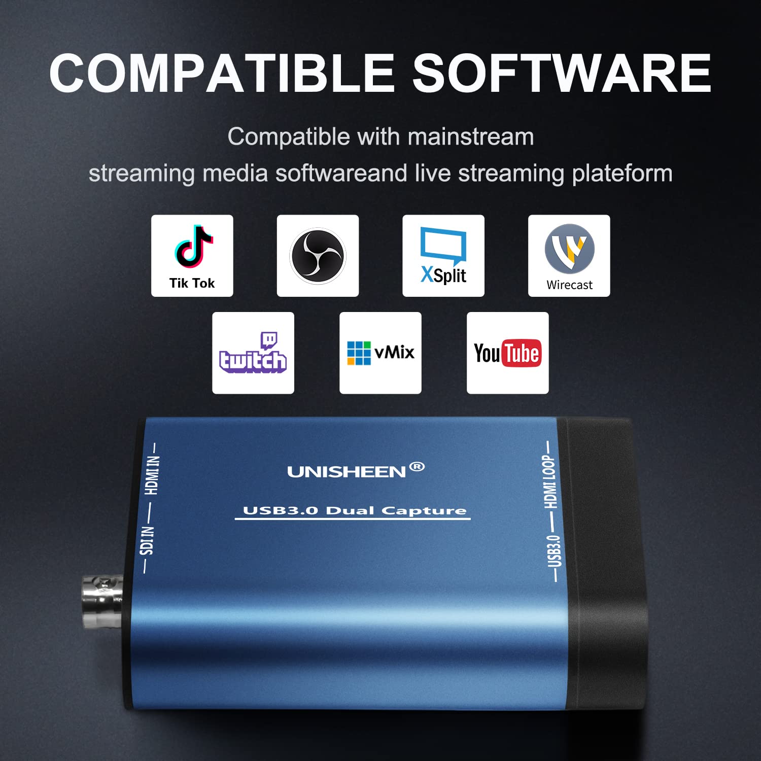 UNISHEEN USB 3.0 HDMI SDI Dual Input Capture Card, Video Broadcast Game Live Stream, HDMI to USB 3.0 HD 1080P Live Streaming Video Grabber Converter