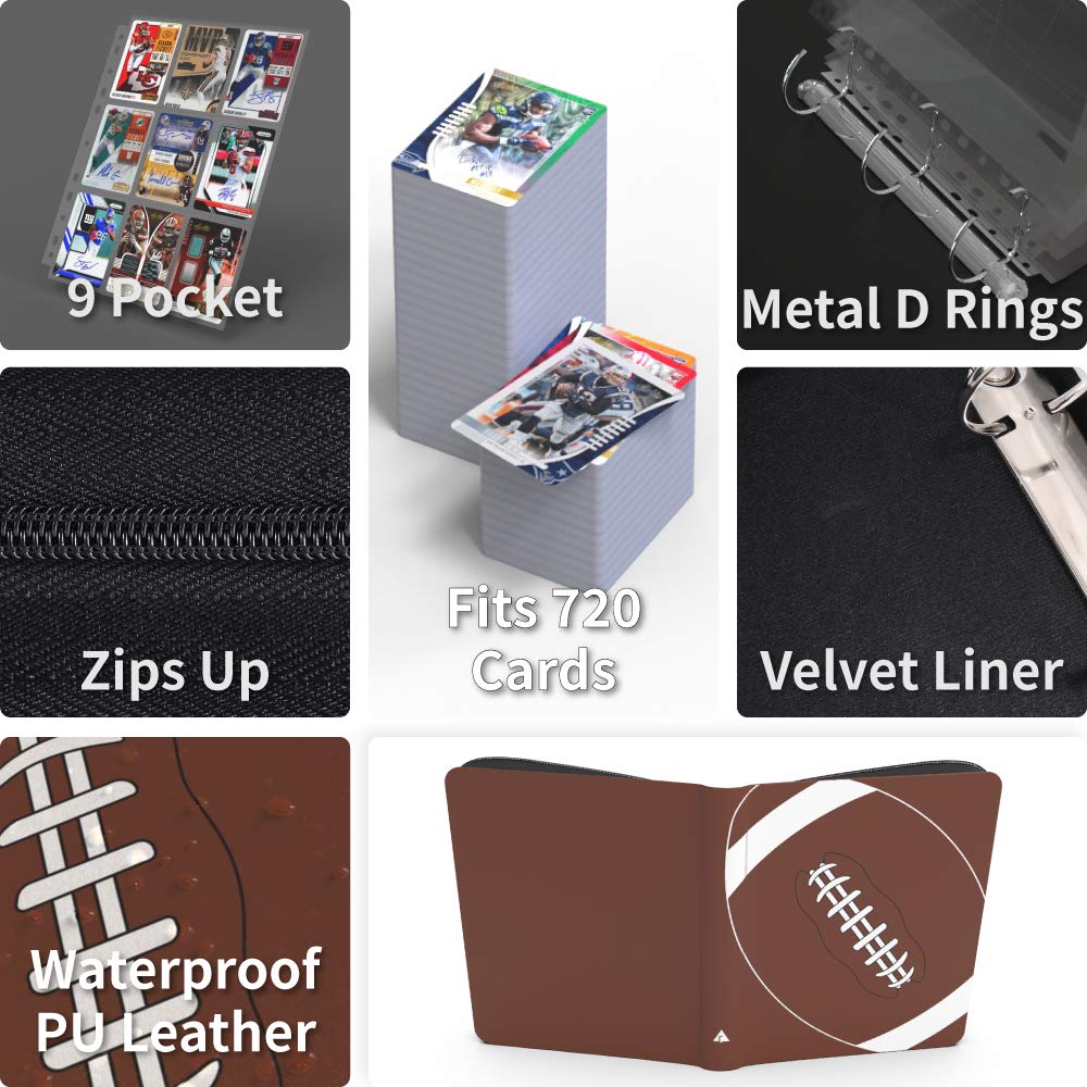 Rayvol 720 Pockets Football Card Binder for Trading Cards, Fit 720 Cards with 40 Sleeves Included, 3 D-Ring Album for Card Collection Storage