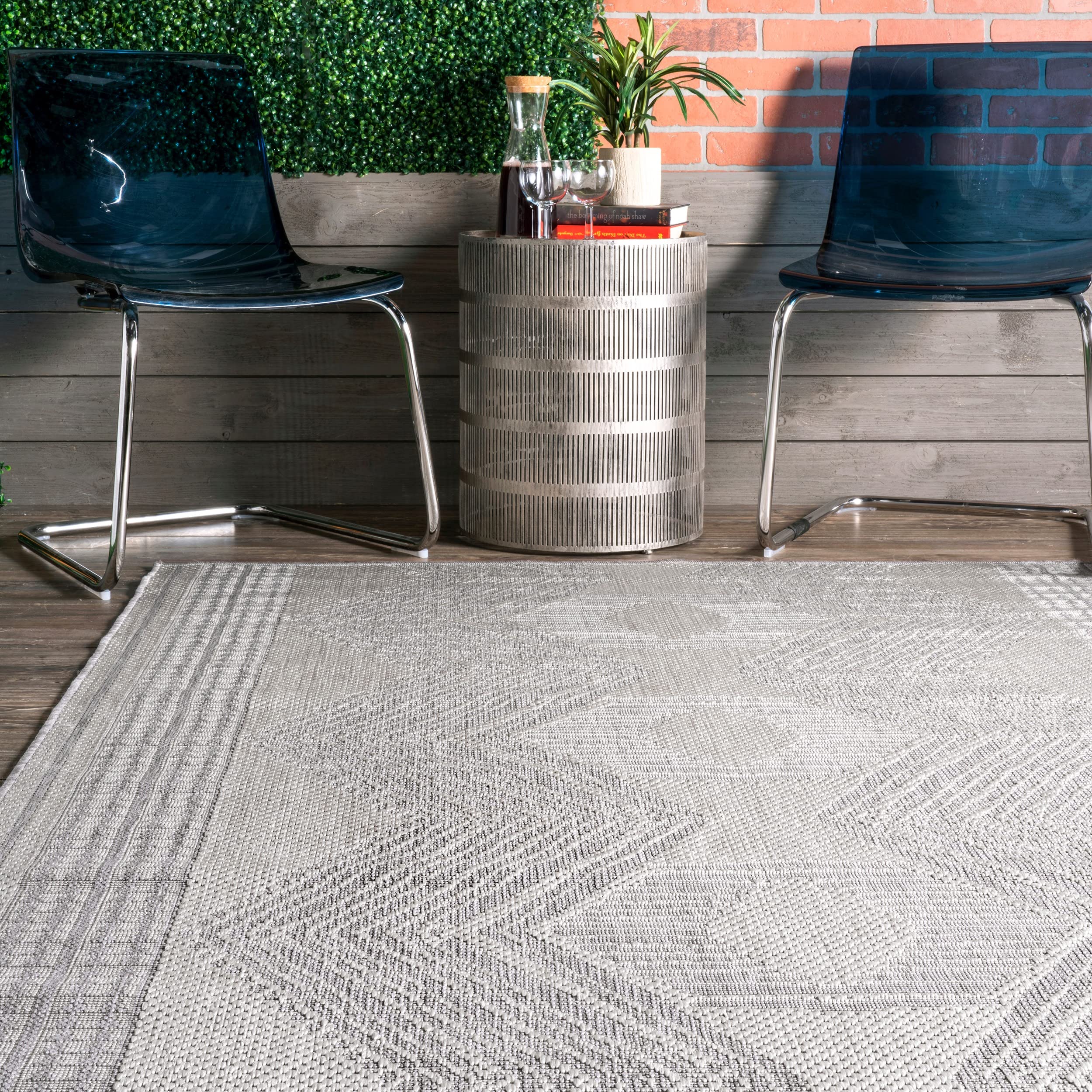 nuLOOM 7x9 Outdoor/Indoor Ranya Tribal Area Rug, Light Grey, Geometric Design, Stain Resistant, Highly Durable, For Patio, Balcony, Bedroom, Dining Room, Living Room, Bathroom