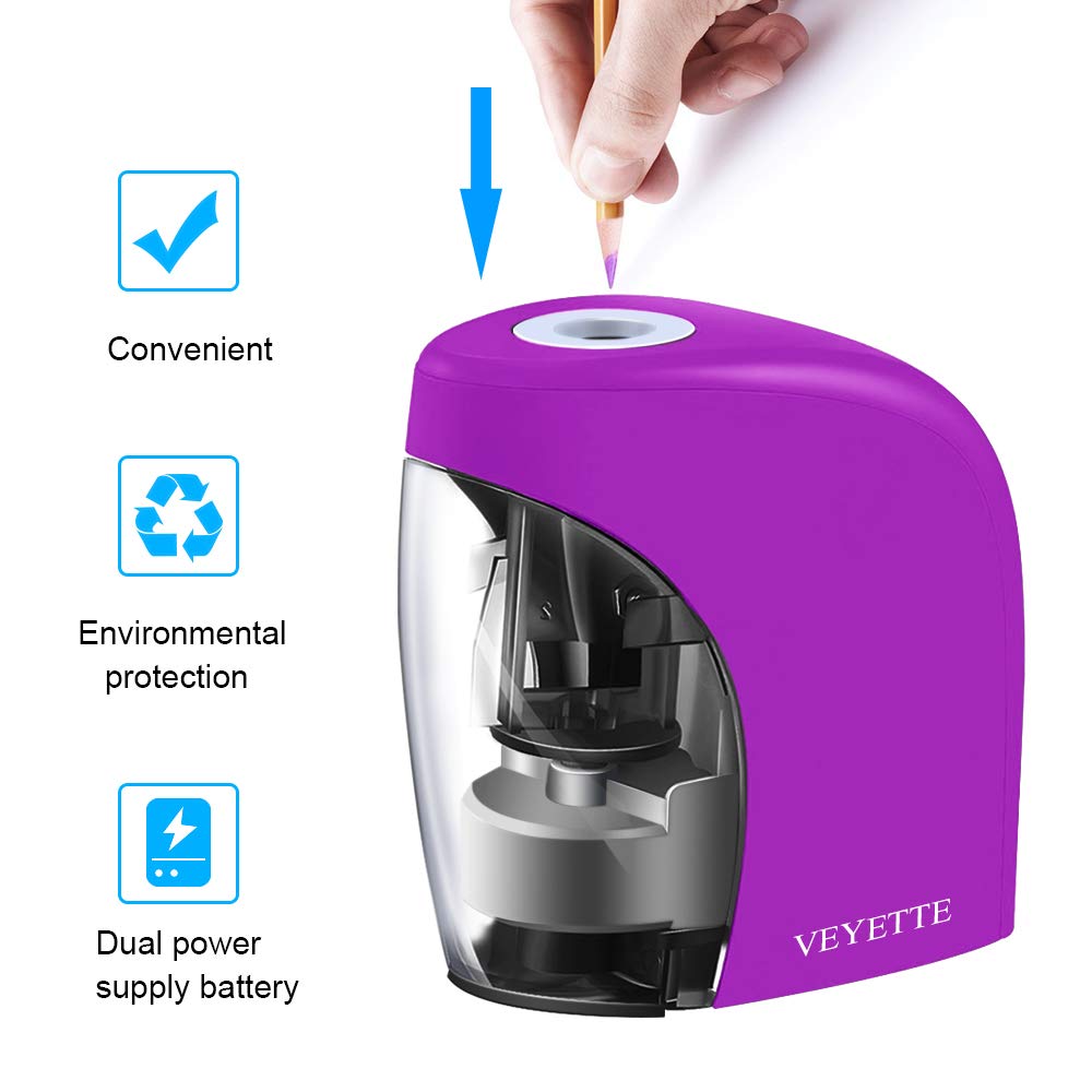 Electric Pencil Sharpener, VEYETTE Portable Pencil Sharpener Perfect for Kids, Teachers and Artists, Plug & Battery Operated,USB Included