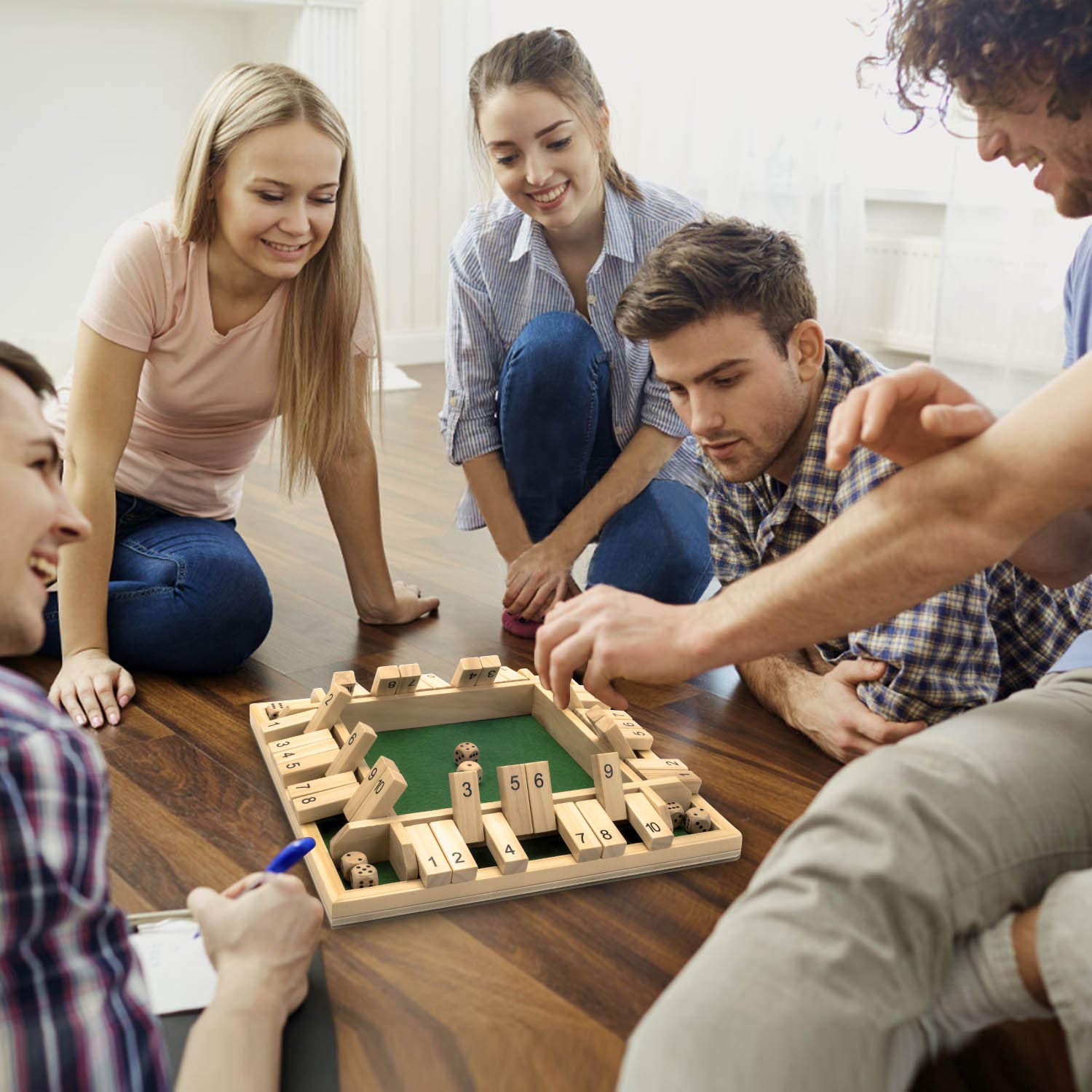 AMEROUS 12 Inches Shut The Box Family Game ( 1-4 Players ), 4 Sided Large Wooden Number Dice Board Game with 12 Dices and Shut The Box Rules for Kids, Adults