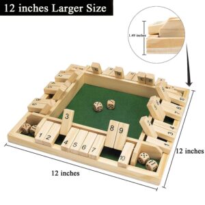 AMEROUS 12 Inches Shut The Box Family Game ( 1-4 Players ), 4 Sided Large Wooden Number Dice Board Game with 12 Dices and Shut The Box Rules for Kids, Adults