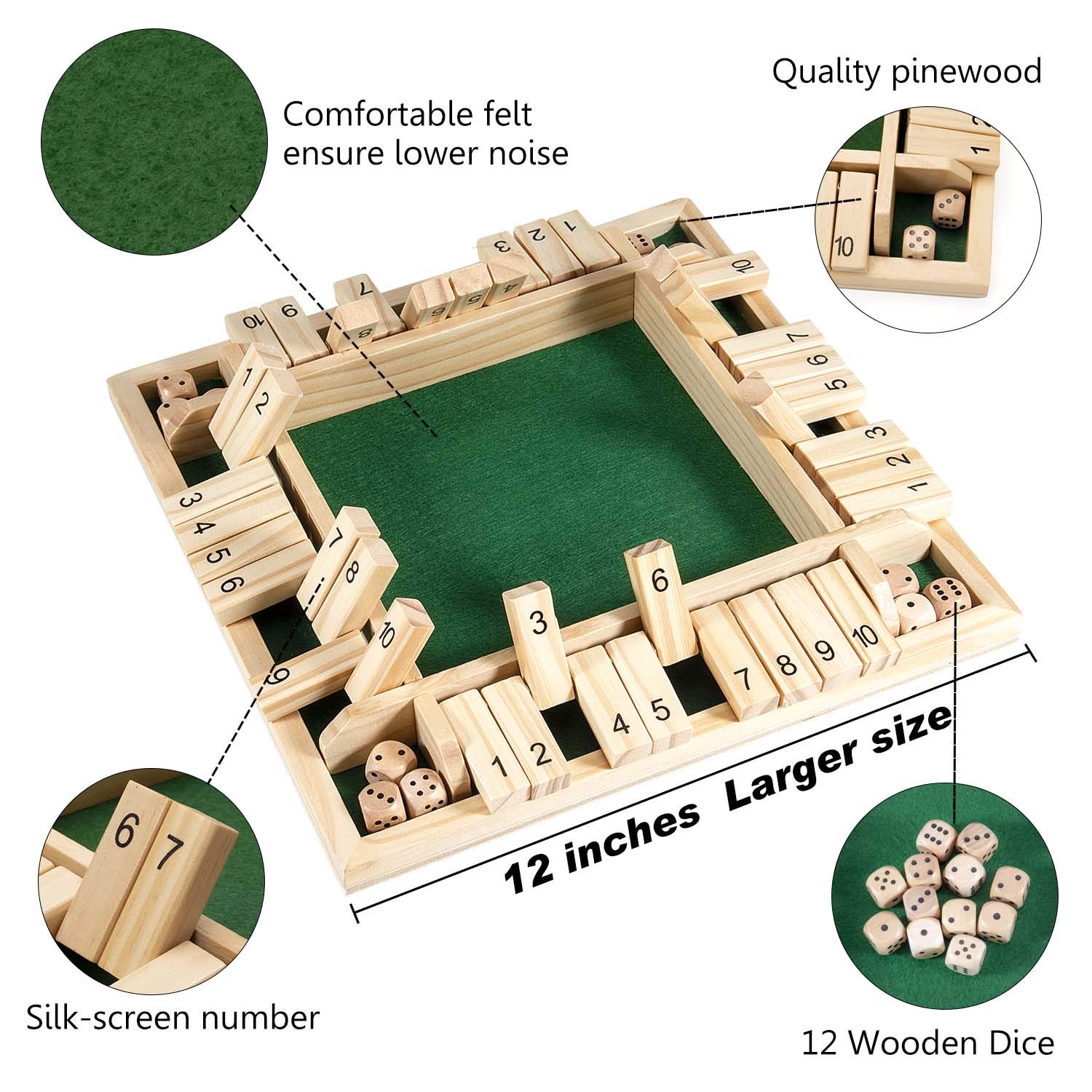 AMEROUS 12 Inches Shut The Box Family Game ( 1-4 Players ), 4 Sided Large Wooden Number Dice Board Game with 12 Dices and Shut The Box Rules for Kids, Adults