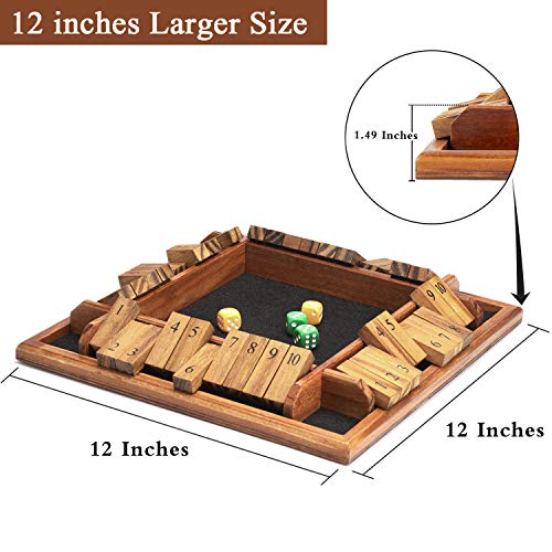 AMEROUS 1-4 Players Shut The Box Dice Game, Wooden Board Table Math Game with 12 Dice and Shut-The-Box Instructions for Kids Adults, Family Classroom Home or Pub (12 Inches)