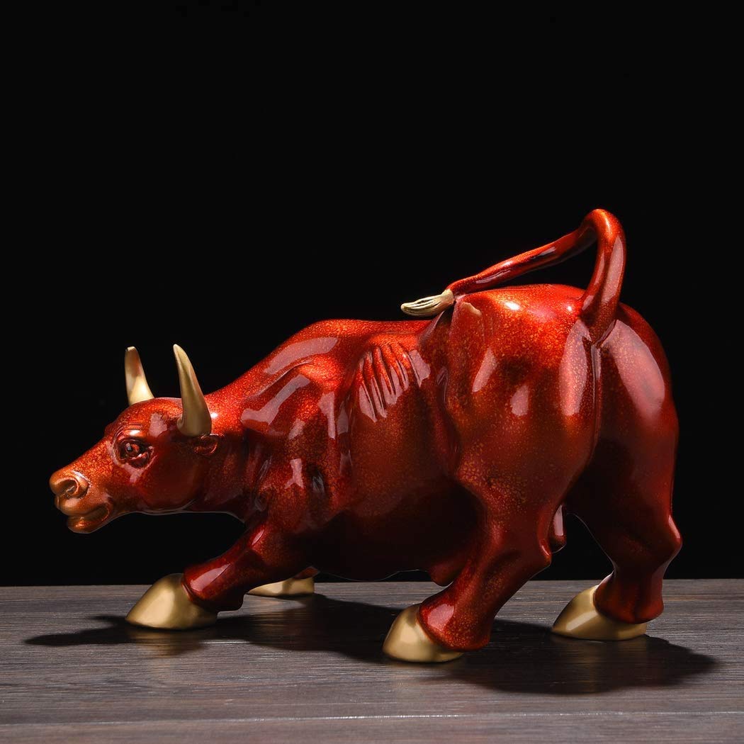 Handmade Copper Red Wall Street Bull Statue Chinese Fengshui Wealth Figurine 7'' High Home Office Shop Decoration Gift TQZDBS26