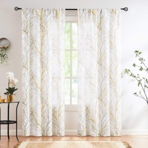 fmfunctex print yellow grey white curtains for living room linen textured tree branches pattern window treatment set for bedroom window drapes 50" w x 96" l - (2 panels) rod pocket