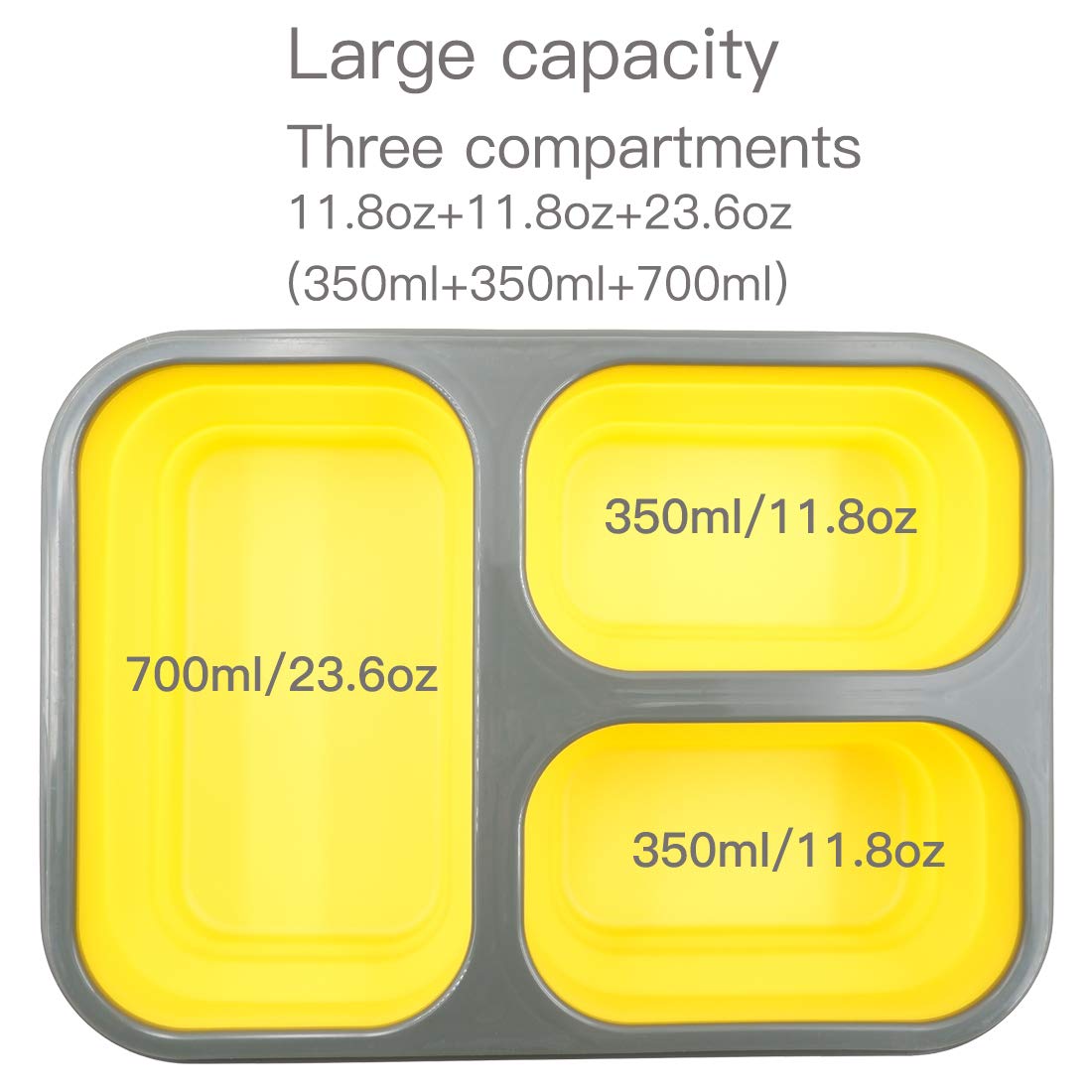 fancyfree Collapsible Silicone Benton Container, Leakproof Lunch Box with 3 Compartments, BPA Free Safe Food Storage Organizer (Yellow)