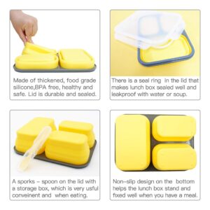 fancyfree Collapsible Silicone Benton Container, Leakproof Lunch Box with 3 Compartments, BPA Free Safe Food Storage Organizer (Yellow)