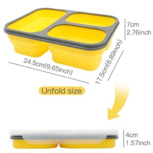 fancyfree Collapsible Silicone Benton Container, Leakproof Lunch Box with 3 Compartments, BPA Free Safe Food Storage Organizer (Yellow)