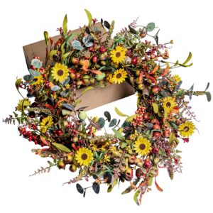 JINGHONG Artificial Spring Wreath 24 Inch Spring Front Door Wreath with Rich Berries and Flowers Large Wreaths for Front Door Outside Home Indoor Outdoor Decor