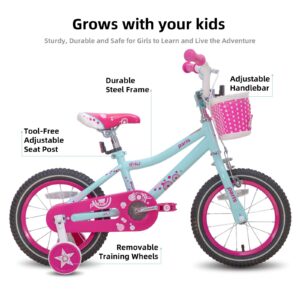 JOYSTAR 14 Inch Girls Bike for 3-5 Years Old Kids Toddler Bike with Training Wheels and Handbrake for Early Rider Birthday Gift Kids' Bicycles Blue