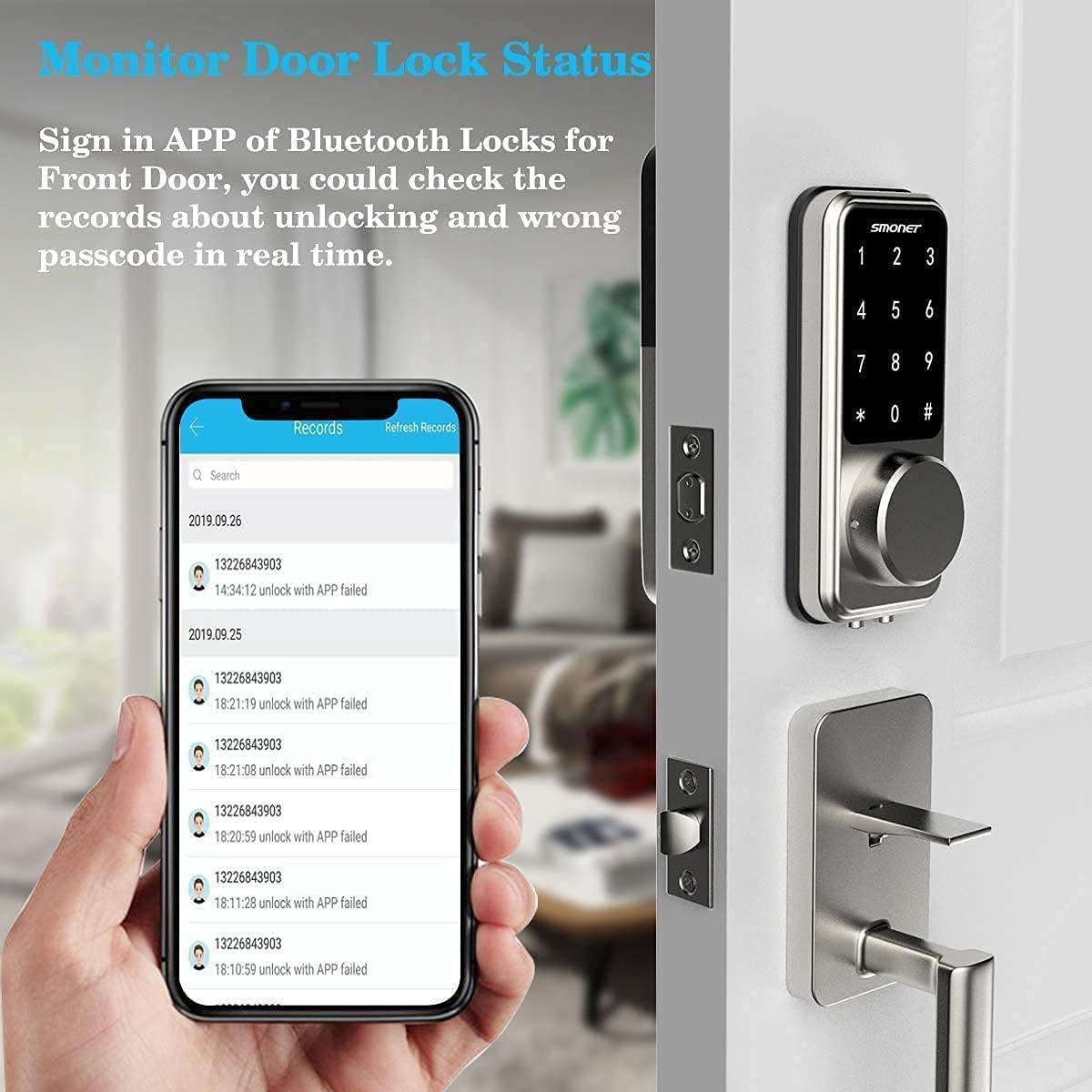 Smart Lock,SMONET Keyless Entry Door Lock,Remote Lock Unlock for Home Security,Easy Installation,Voice Control,Touchscreen Keypad Deadbolt,Code Bluetooth Electric Deadbolt for Hotel,Office