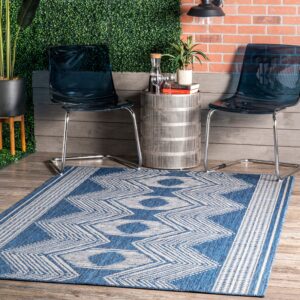 nuloom 4x6 outdoor/indoor ranya tribal area rug, blue, geometric design, stain resistant, highly durable, for patio, balcony, bedroom, dining room, living room, bathroom