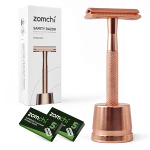 safety razor for women, men's single blade razor with a razor stand with 10 blades, double edge razor with a texture handle, metal razor women, fits all double edge razor blades (rose gold)